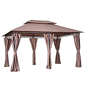 Outsunny 10' x 13' Outdoor Soft Top Pergola Gazebo with Curtains, 2-Tier Steel Frame Gazebo for Patio, Khaki