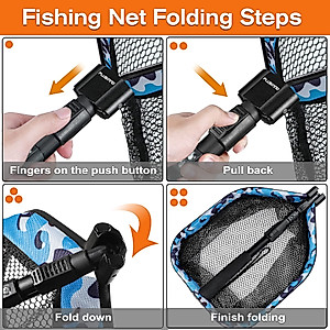 PLUSINNO Floating Fishing Net for Steelhead, Salmon, Fly, Kayak, Catfish, Bass, Trout Fishing, Rubber Coated Landing Net for Easy Catch & Release, Compact & Foldable for Easy Transportation & Storage