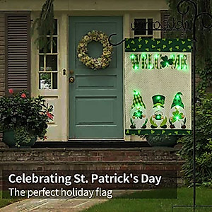 St Patricks Day Garden Flag with Lights, Welcome Gnome Shamrock Garden Flag Double Sided Yard Flags for Lawn Party St Patricks Day Outdoor Decorations 12 x 18 Inch