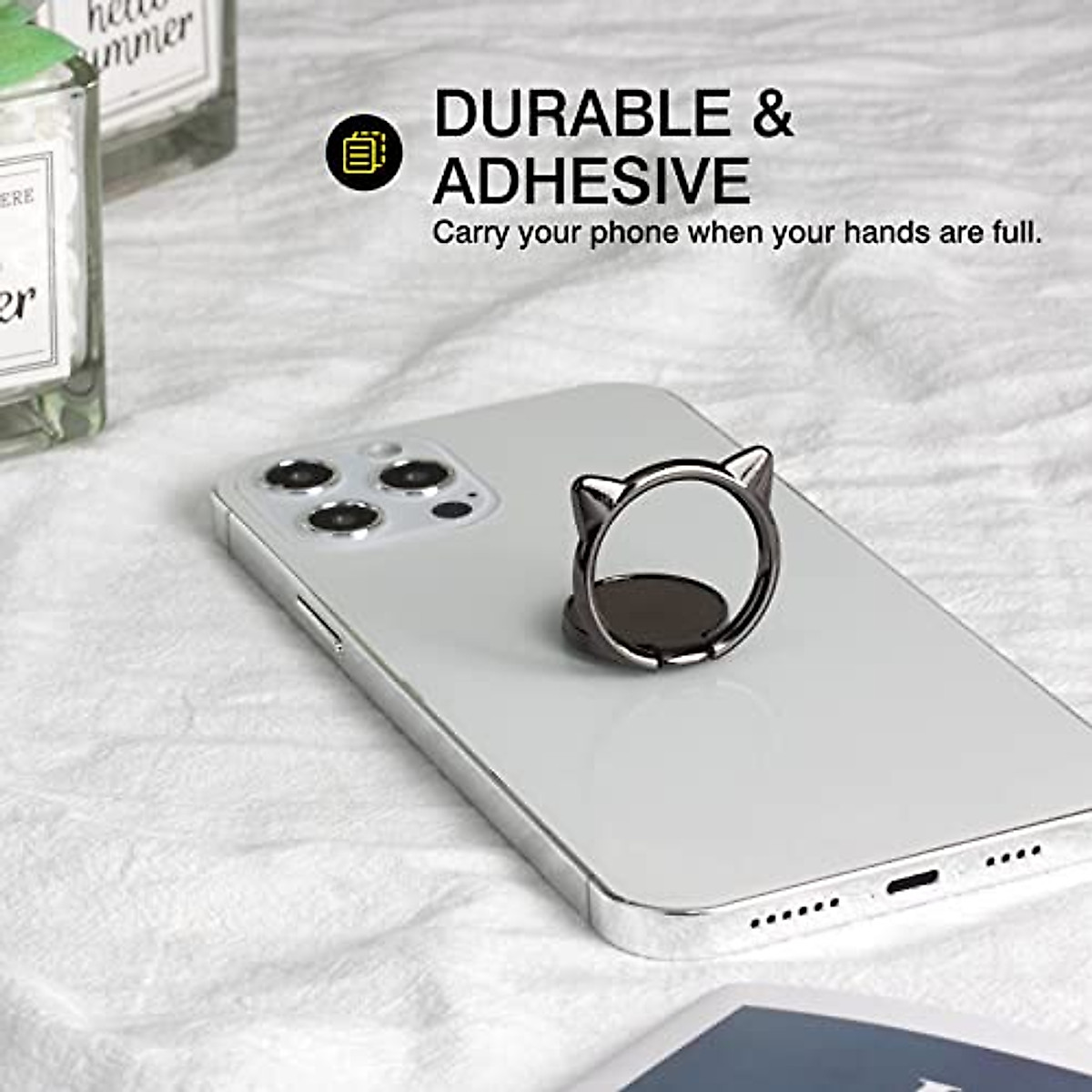 [2 Pack] Cat Ears Glossy FinishCell Phone Ring Holder Stand, 360 Degree Rotation Finger Ring Kickstand with Polished Metal Phone Grip for Magnetic Car Mount, Smartphone Accessories（Black）