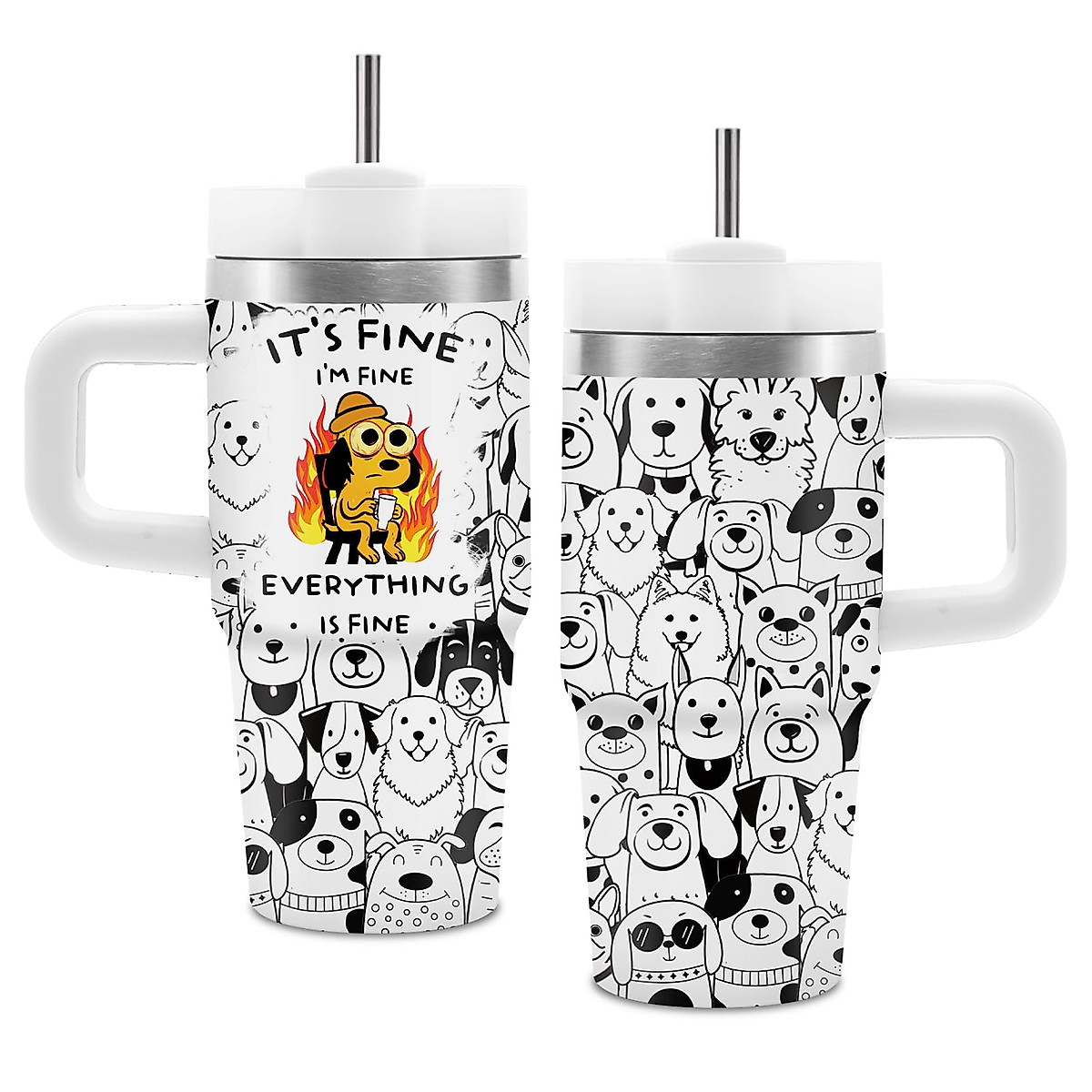 Funny Dog Gifts for Kids, Its Fine Dog Tumbler with Handle and Straw for Kids 14 oz, Black Dog Gifts for Toddlers, Birthday Gifts for Dog Lover Boys Girls, Everything Is Fine Dog Mug
