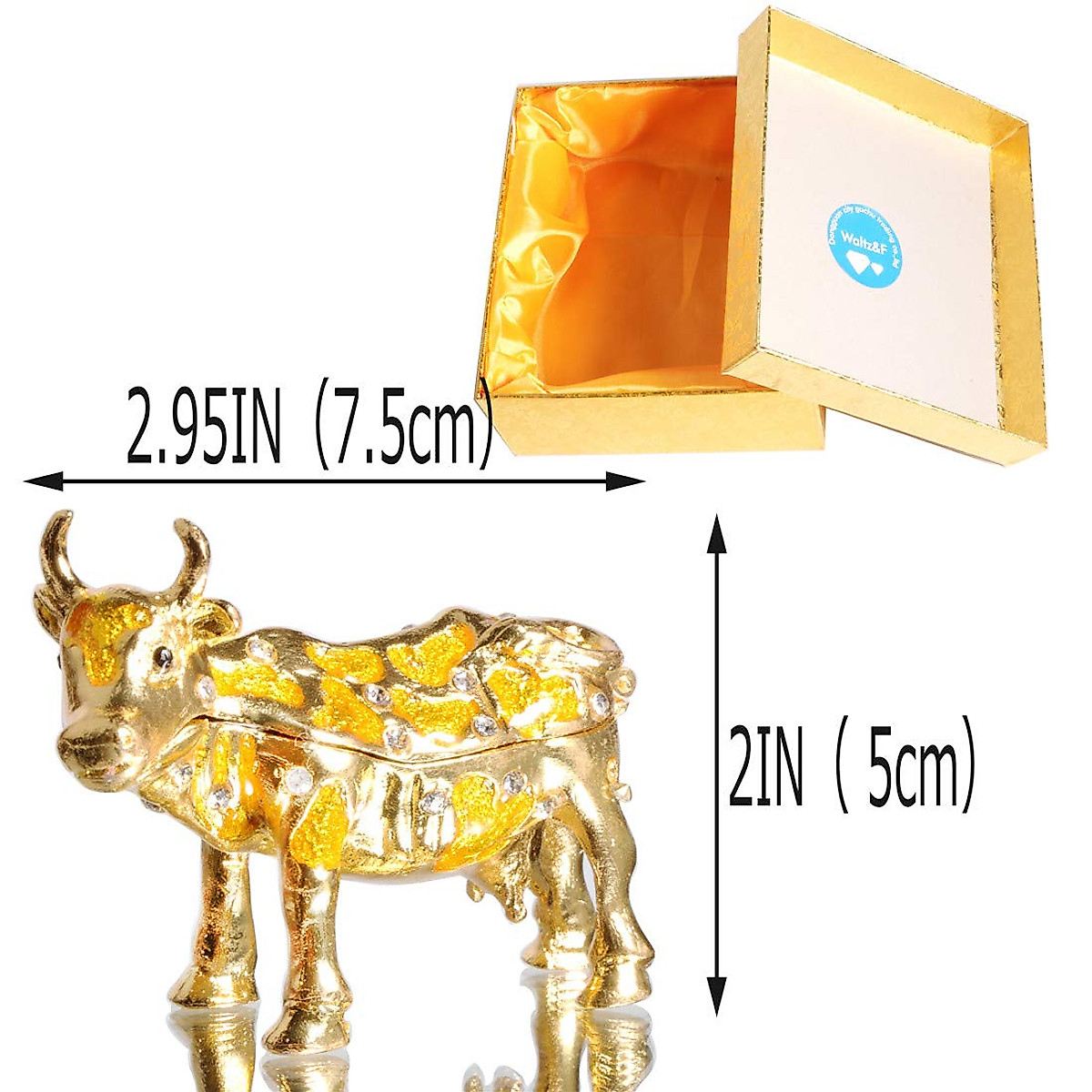 Waltz&F Golden Bull Hinged Trinket Box Bejeweled Hand-Painted Ring Holder Animal Collectible Figurine Decoration