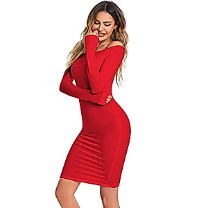 Verdusa Women's Basic Off Shoulder Long Sleeve Bodycon Short Dress Red S