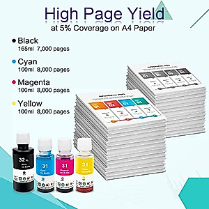 Topcolor Compatible Ink Bottle Replacement for HP 31 32XL Ink for HP Smart-Tank 7301 6001 7602 5101 7001 Plus 551 651 455 457 450 All-in-One Ink-Tank Printer, 165mL Black, 100mL Cyan Magenta Yellow