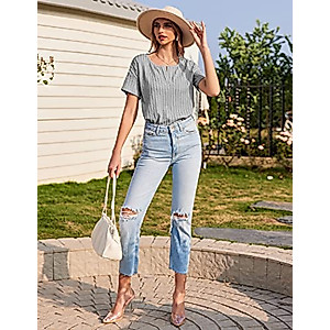 Ekouaer Ribbed Knit Lounge Sets for Women 2 Piece Outfits Short Sleeve Top and Shorts Pajama Sets Tracksuit Sweatsuits Grey