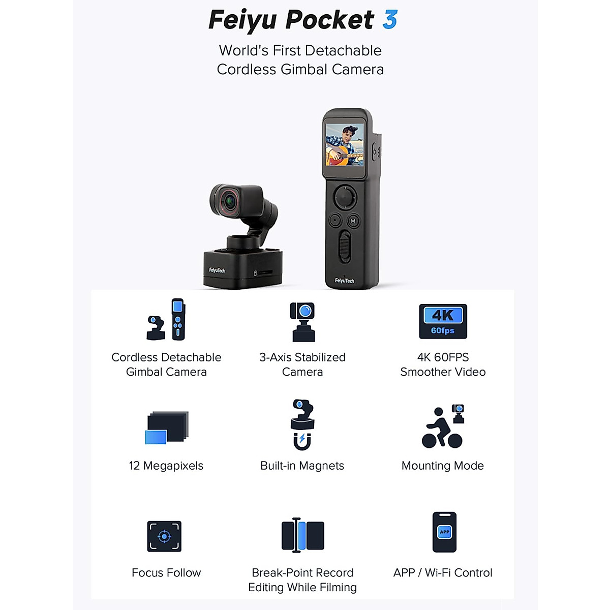 FeiyuTech Pocket 3 kit -Remote Handle&Camera 4K 60FPS Camera with Handheld 3-Axis Stabilizer, Pocket Action Camera, AI Tracking, Detachable Handle, Magnets for YouTube TikTok Video Vlog