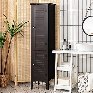 Giantex Storage Cabinet Bathroom High Cabinet with 5 Tier Shelves, Freestanding Slim Cabinet, Tall Organizer for Bathroom, Kitchen, Living Room, Bedroom Linen Tower Narrow Floor Cabinet (Dark Coffee)