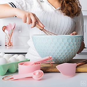 Copper and Pink Kitchen Utensils Set - 17-Piece Silicone Cooking Tools with Copper Utensil Holder and Pink Measuring Cups and Spoons for Baking and Everyday Cooking - Stylish Kitchen Accessories