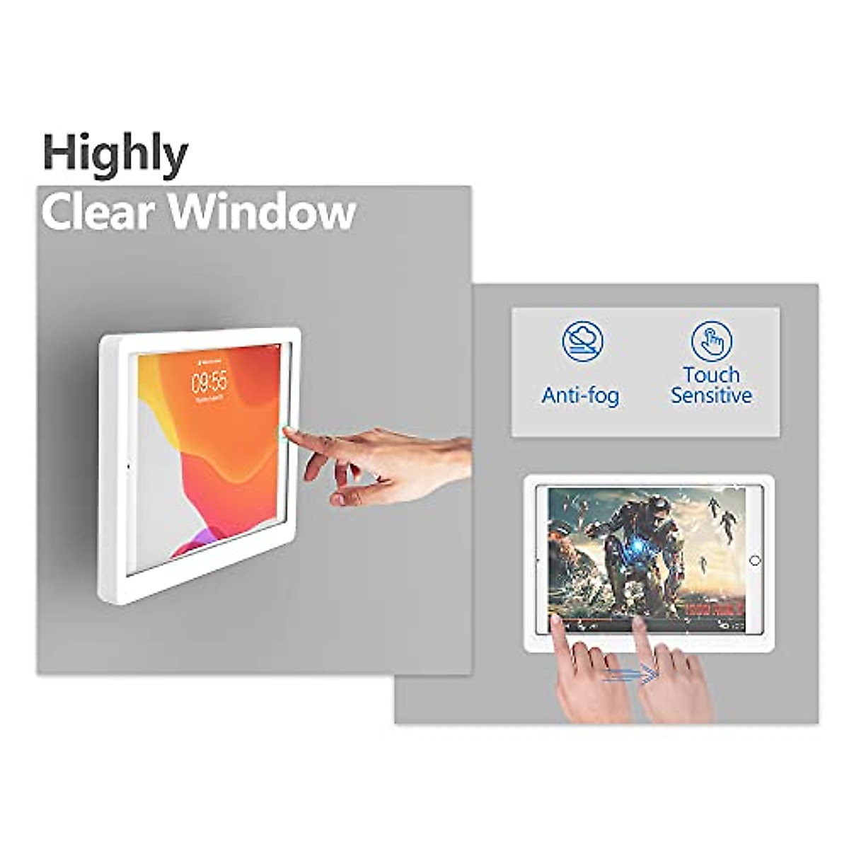 MoKo Wall Mount Shower Tablet Holder, 360 Rotation Waterproof Tablet Holder Bathroom Tablet Case Mount Shelf with Touchable Anti-Fog Screen for Tablets Up to 10.2", Fit with iPad 9 iPad Mini 6, White