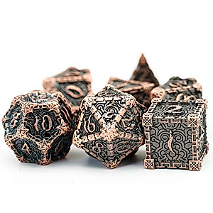 Cusdie Metal Dice with Metal Box, 7 PCs DND Metal Dice, Dagger Design Polyhedral Dice Set, for Role Playing Game D&D Dice MTG Pathfinder (Ancient Copper)