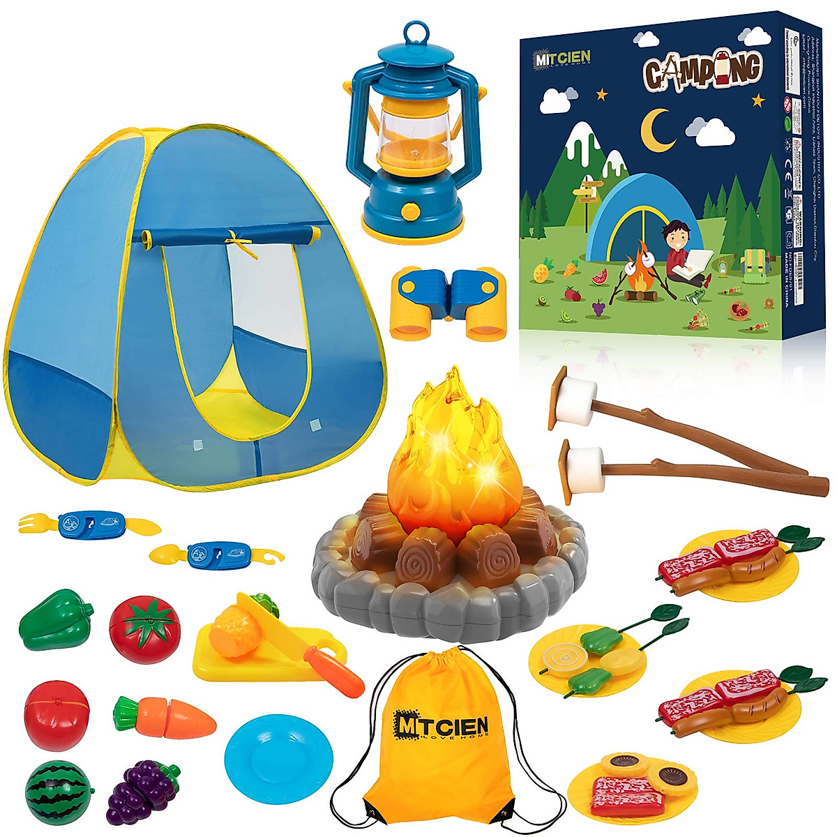 MITCIEN Kids Camping Play Tent with Toy Campfire/Marshmallow/Fruits Toys Play Tent Set for Boys Girls Indoor Outdoor Pretend-Play Game