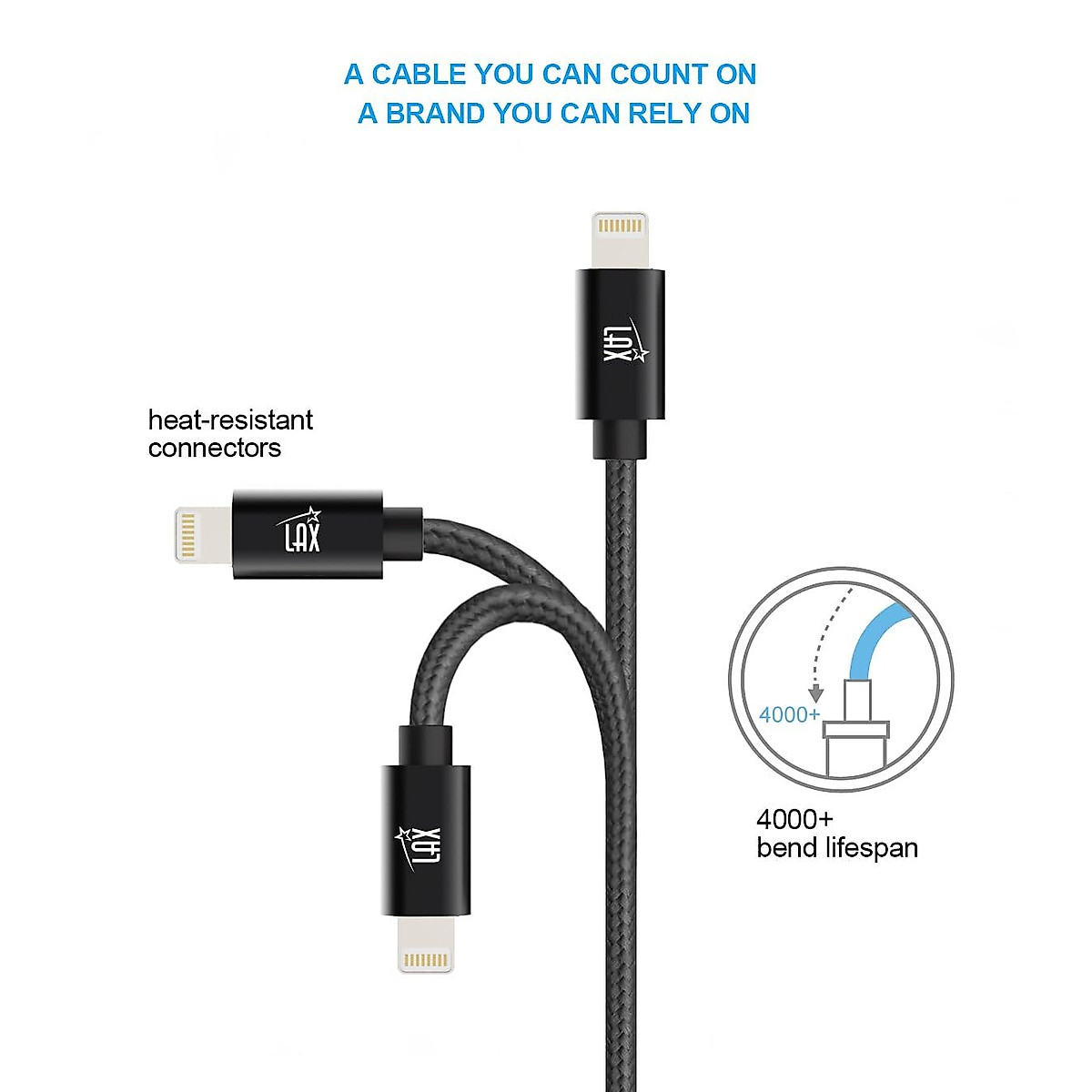 LAX iPhone Charger Lightning Cable - MFi Certified Durable Braided Apple Lightning USB Cord for iPhone 11/11 Pro Max/XS Max/X/iPad, iPod & More
