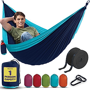 Durable Hammock 400 lb Capacity, Nylon Camping Hammock Chair - Double or Single Sizes w/Tree Straps and Attached Carry Bag - Portable for Travel/Backpacking/Beach/Backyard (Medium, Blue & Light Blue)