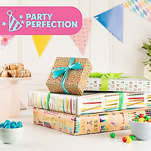Plum Designs Gift Wrapping Paper Sheets- Happy Birthday Wrapping Paper Girl, Fun Wrapping Paper for Birthday Girl, 14 Sheets Gift Wrap Paper (Cute Fun Theme) (Kraft Birthday THeme) (Stunning Kraft Birthday)