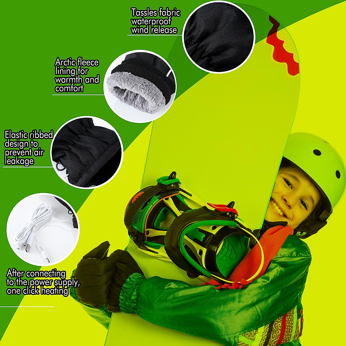 Newcotte USB Heated Gloves Electric Winter Gloves for Kids and Baby Snow Ski Gloves Waterproof Warm Gloves Boys Cold Weather Gloves (Black, 7-10 Years)