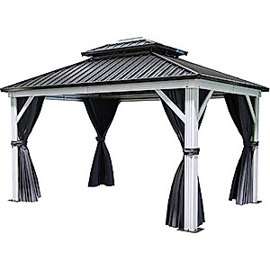 YITAHOME White Gazebo 10x12ft Hardtop Double Roof Canopy Galvanized Iron Aluminum Frame Outdoor Gazebo with Netting and Shaded Curtains Garden Tent for Patio, Backyard, Deck and Lawns, Grey Curtain