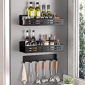 Yuchenfeng Magnetic Spice Racks for Refrigerator Magnetic Hook with 6-Hooks Moveable Fridge Magnetic Spice Shelves Refrigerator Side Organizers (2 Magnetic Spice Racks + 1 Magnetic Hook)