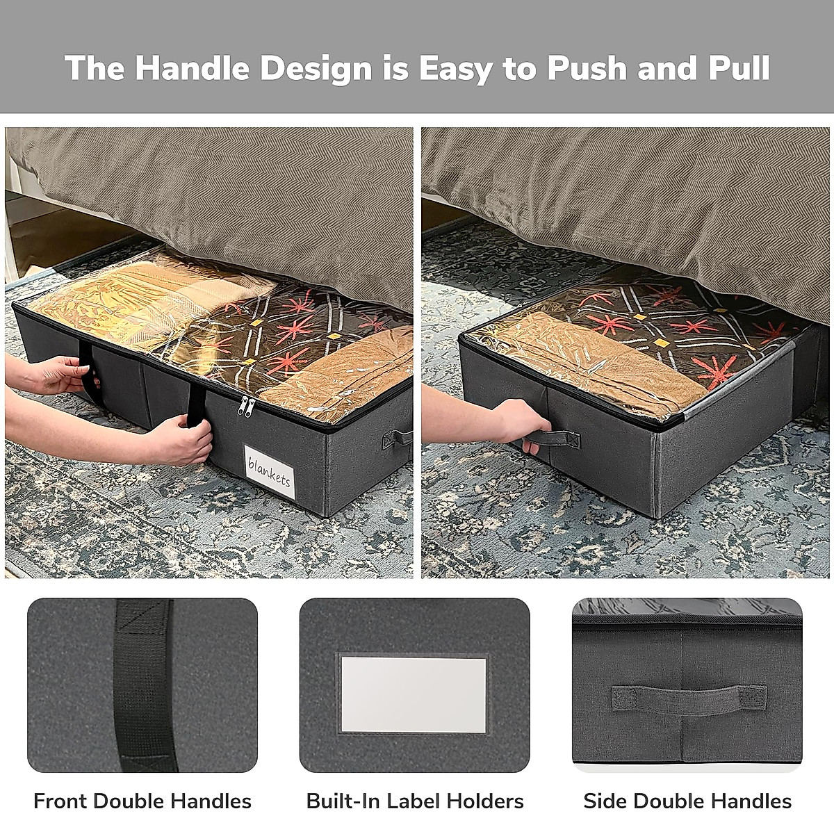 INDRESSME Under Bed Storage Containers, Under Bed Clothes Storage, Under the Bed Shoe Organizer, Underbed Storage Bins with Lids and Ultra Thick Fabric, Grey, 6 inches Tall, 2 pack