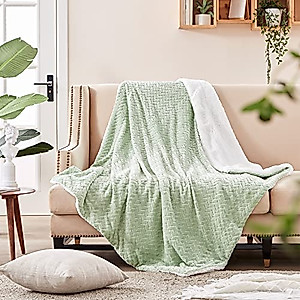 SunStyle Home Sherpa Fleece Blanket Full Sage Green Soft Cozy Plush Fluffy Flannel Thick Blanket Leaf Jacquard Luxury Winter Warm Reversible Blankets for Couch, Sofa, Bed 60X80