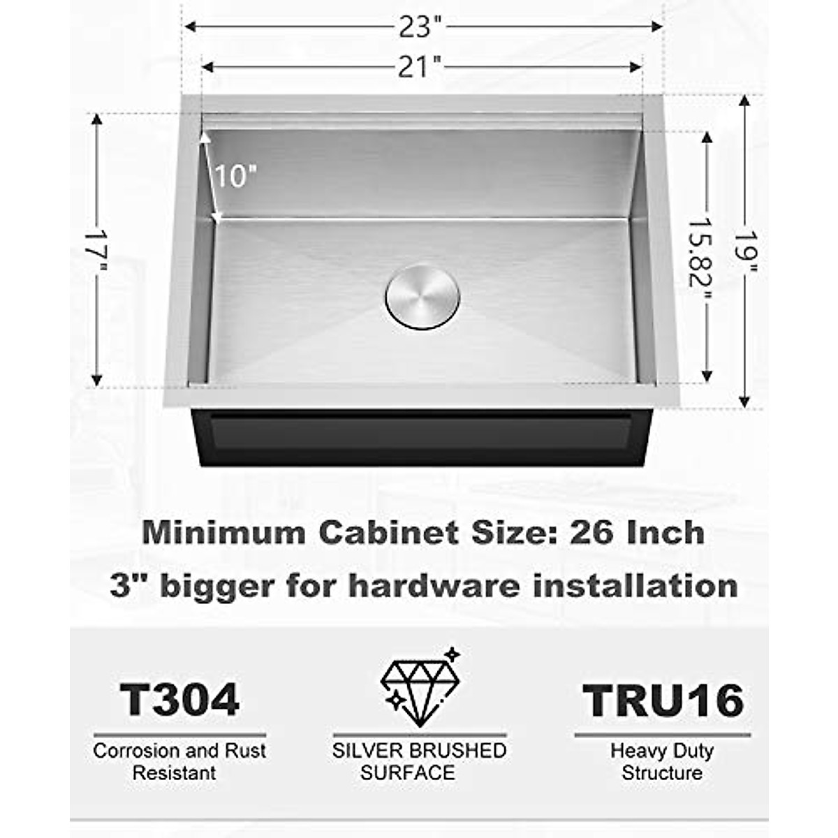 X Home 23 x 19 Inch Undermount Kitchen Sink Single Bowl, 16 Gauge Stainless Steel Kitchen Workstation Sink With R10 Corners, Fits 35 Inch Cabinet