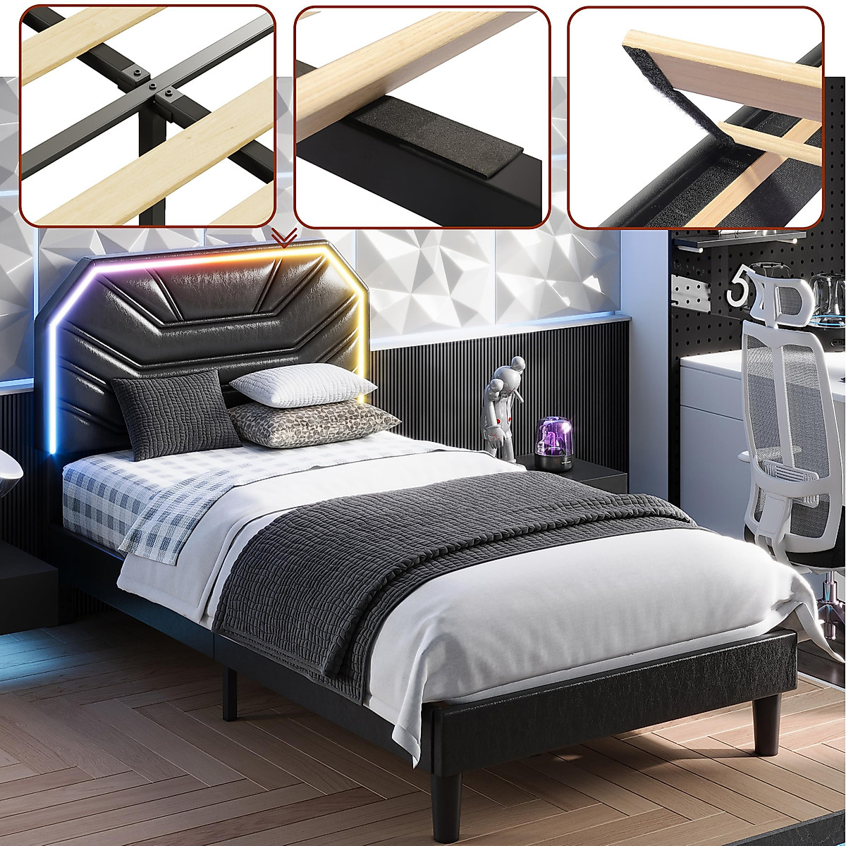 LIKIMIO Twin Bed Frames with Lighted Headboard, Upholstered Modern Cama Twin Platform Bed with Heavy Duty Supports, No Box Spring Need, Noise Free, Easy Assembly, Black