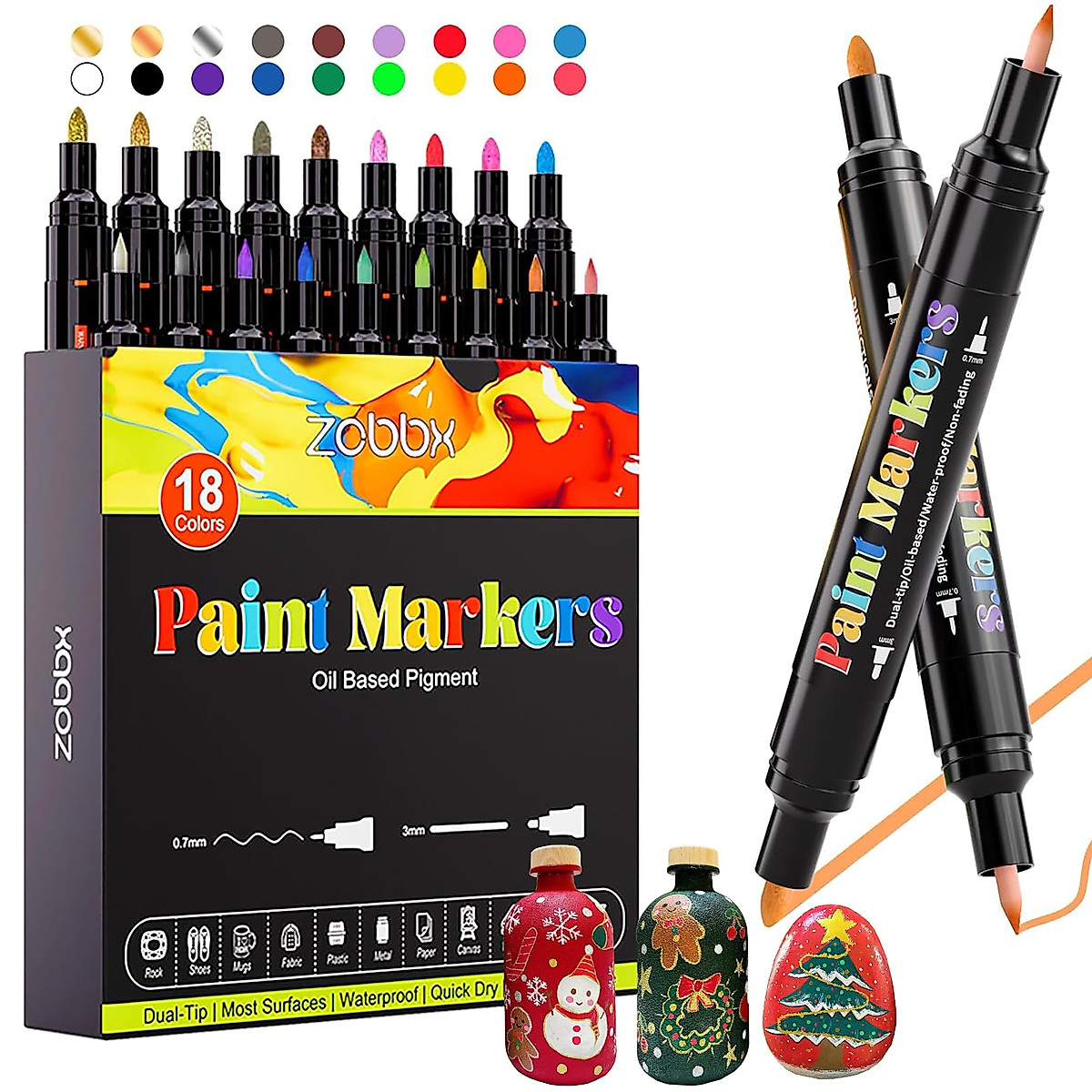 Zobbx Permanent Paint Pens Markers - 18 Colors Dual Tip Oil Based Waterproof Paint Marker for Metal Glass Plastic Wood Canvas Rock Painting, Stocking Stuffers Art and Craft Supplies