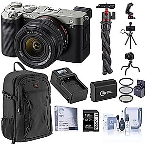 Sony Alpha 7C Mirrorless Digital Camera with FE 28-60mm Lens, Silver, Bundle with 128GB SD Card, Backpack, Mini Tripod, Extra Battery, Charger, Screen Protector and Accessories