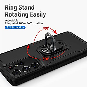 YmhxcY Samsung S21 Ultra Case with 2 Pack 3D Curved Screen Protector, [Military-Grade] 360°Finger Ring Holder Shockproof Protective Case -Black