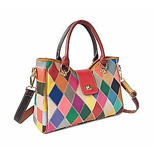 Tote Bags for Women Fashion Multicolor Plaid Handbag Ladies Colorful Satchel Bags Genuine Leather Top Handle Shoulder Purses (Multicolor)
