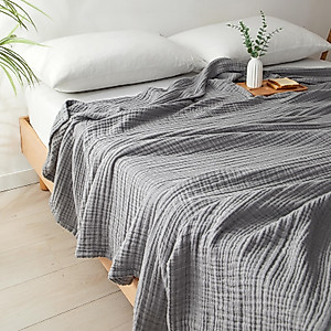 PHF 100% Cotton Muslin Blanket Twin Size 66" x 90", 4-Layer Lightweight and Breathable Blanket for Summer, Luxuriously Soft Gauze Bedding for Bed, Natural Minimalism Style, Ideal Gift, Grey