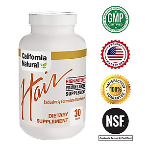 High Potency Hair Vitamin & Mineral Supplement with Biotin - California Natural - Promotes Healthy, Longer and Stronger Hair. - 30 Tablets (Pills)