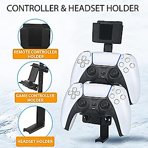 PS5 Holder Wall Mount Stand - Playstation 5 Game Controller Holder Wall Shelf Play Station 5 Console Digital and Disc Edition - PS5 Wall Mount Kit Including 2 Accessory Holders for Remote Controller&Headphone Set