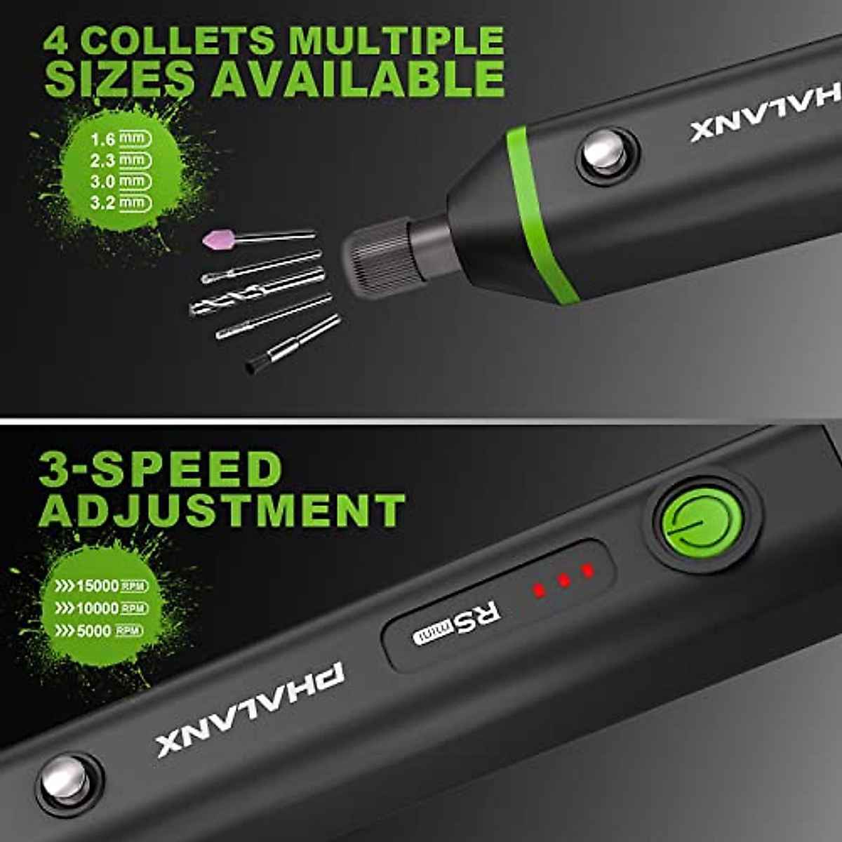 PHALANX Cordless Rotary Tool 3.7V Square Power Rotary Tool with 60 Accessories, 3-Speed and USB Charging Rechargeable Multi-Purpose Power Tool for Sanding, Polishing, Drilling, Engraving, DIY Crafts…