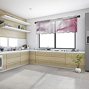 Semi Sheer Curtain Valance for Kitchen Windows Abstract Marble Agate Texture Chiffon Rod Pocket Half Window Curtains Topper for Bathroom/Living Room/Bedroom Pastel Theme Pink Purple White Gold