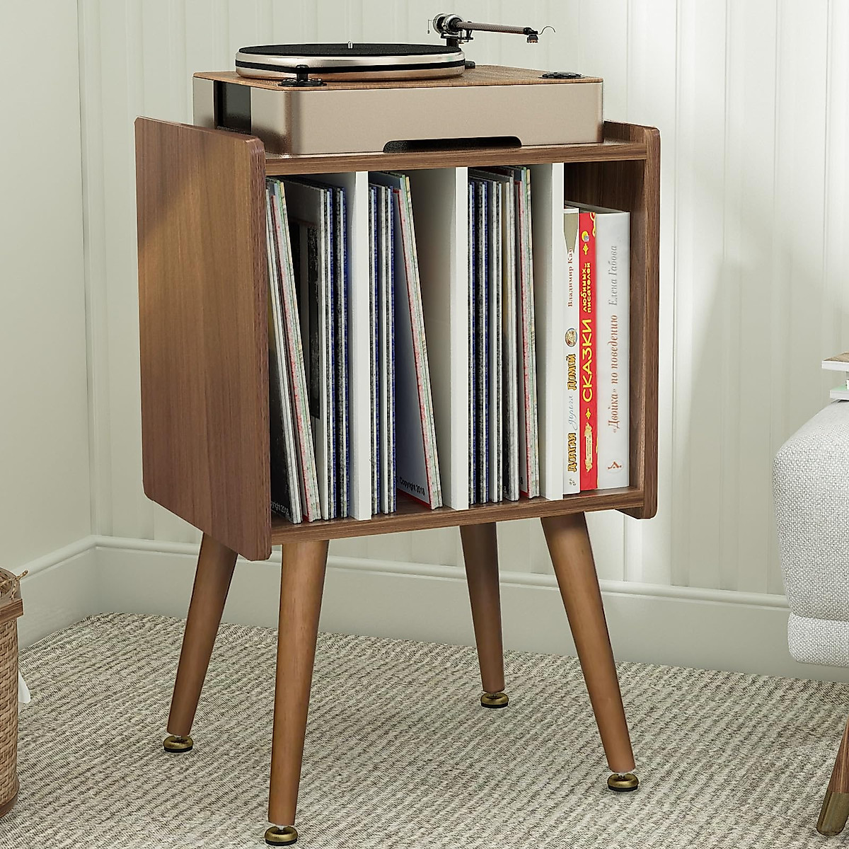 Artswish Record Player Stand Mid Century Turntable Table Vinyl Record Storage Table with 4 Cabinet, Walnut Record Display Table for Living Room Bedroom