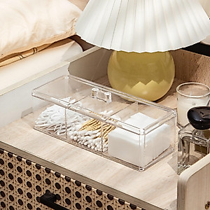 TelKeen Qtip Holder Dispenser, 3 Compartments Bathroom Organizers and Storage with Lid, Waterproof Acrylic Bathroom Organizers for Q-tips, Cotton Ball, Swab, Round Pads, Clear Cotton Ball Holder