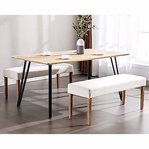 LIVINOVA Farmhouse Upholstered Dining Bench Seat, 45" Linen Entryway Bench with Natural Wood Legs, Mid Century Modern End of Bed Bench for Kitchen Bedroom Living Room Hallway, for 2-3 Person, Beige