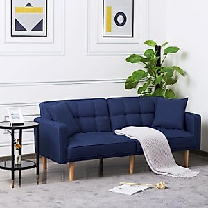 LCH Modern Tuft Futon Couch Convertible Loveseat Reclining Twin Size with Arms and 2 Pillows for Living Room, Navy Blue, Sleeper Sofa Bed 2