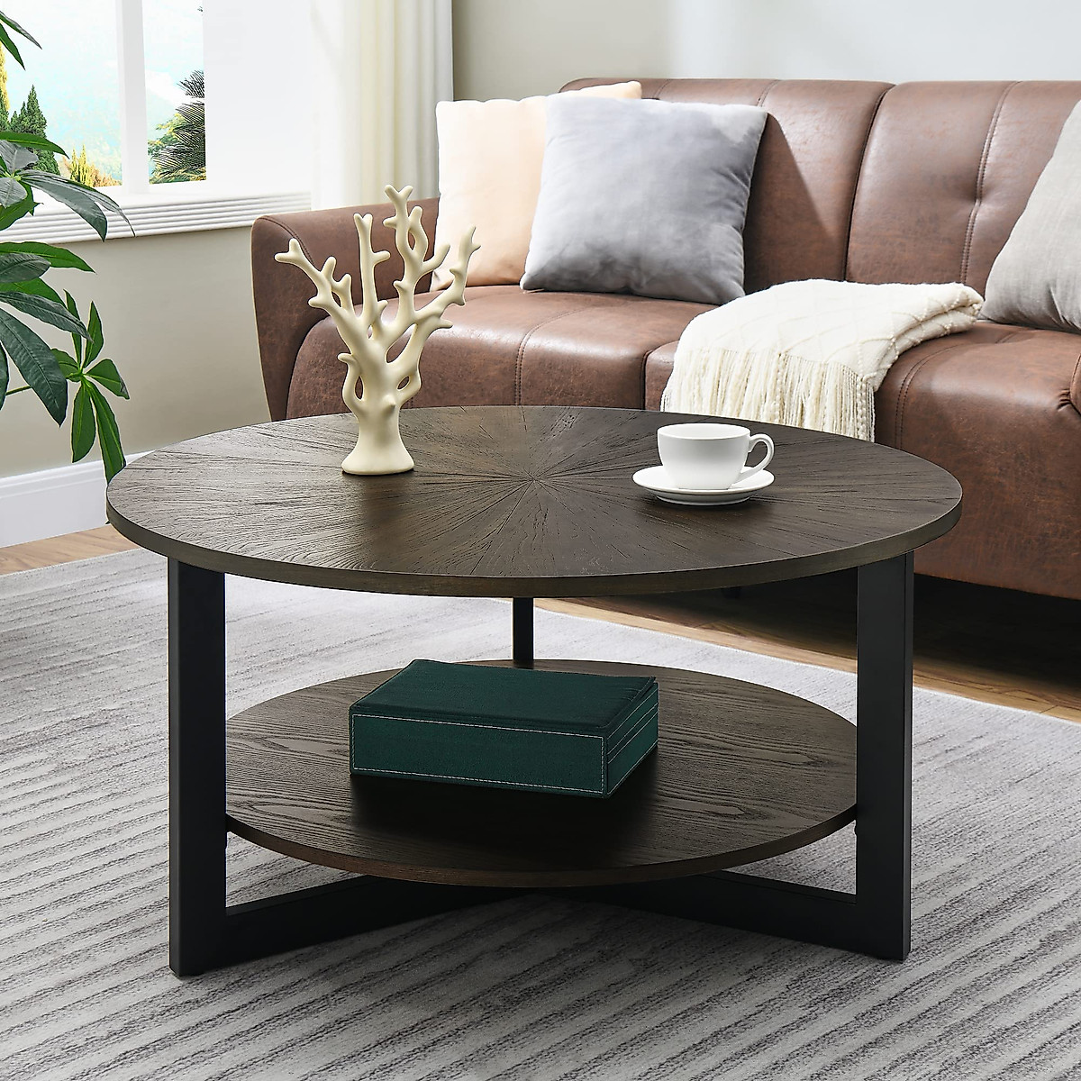 MODERION Round Coffee Table with Storage Shelf, Farmhouse Living Room Cocktail Table with Black Metal Legs, Circular Solid Wood Center Tea/ Sofa Table, 35.3''Dx17.8''H, Brushed Black KFZ1338BK