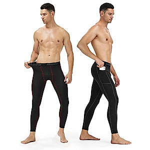 Runhit Mens Compression Pants Running Tight for Men Leggings with Pocket Workout Athletic Thermal Pants for Men Running Shorts Black Red 2 Pack Large