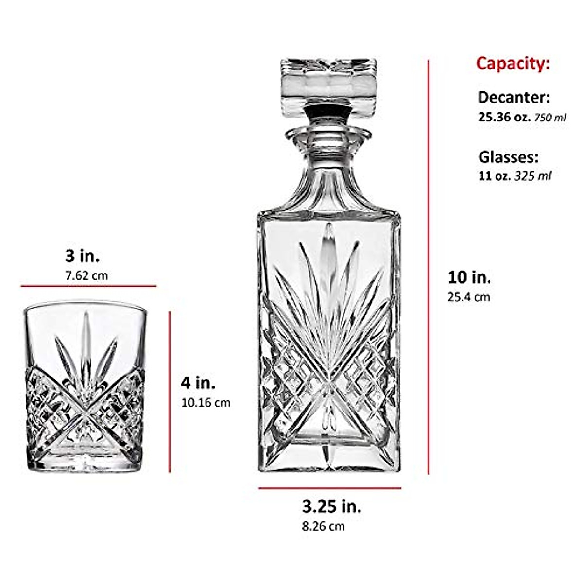 James Scott Liquor Decanter 5-Piece Irish-Cut Crystal Decanter & Whiskey Glasses Set - for Whiskey, Wine and Bourbon - Includes 24 oz. Decanter with Stopper and 4 x 11 oz. Glasses | Beautiful Gift Box
