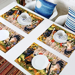 BOKEKANG Rooster Hen and Chickens Placemats Set of 4 PVC Roosters Table Mats Non-Slip Heat Resistant Chicken Place Mats Washable for Home Kitchen Dining Table