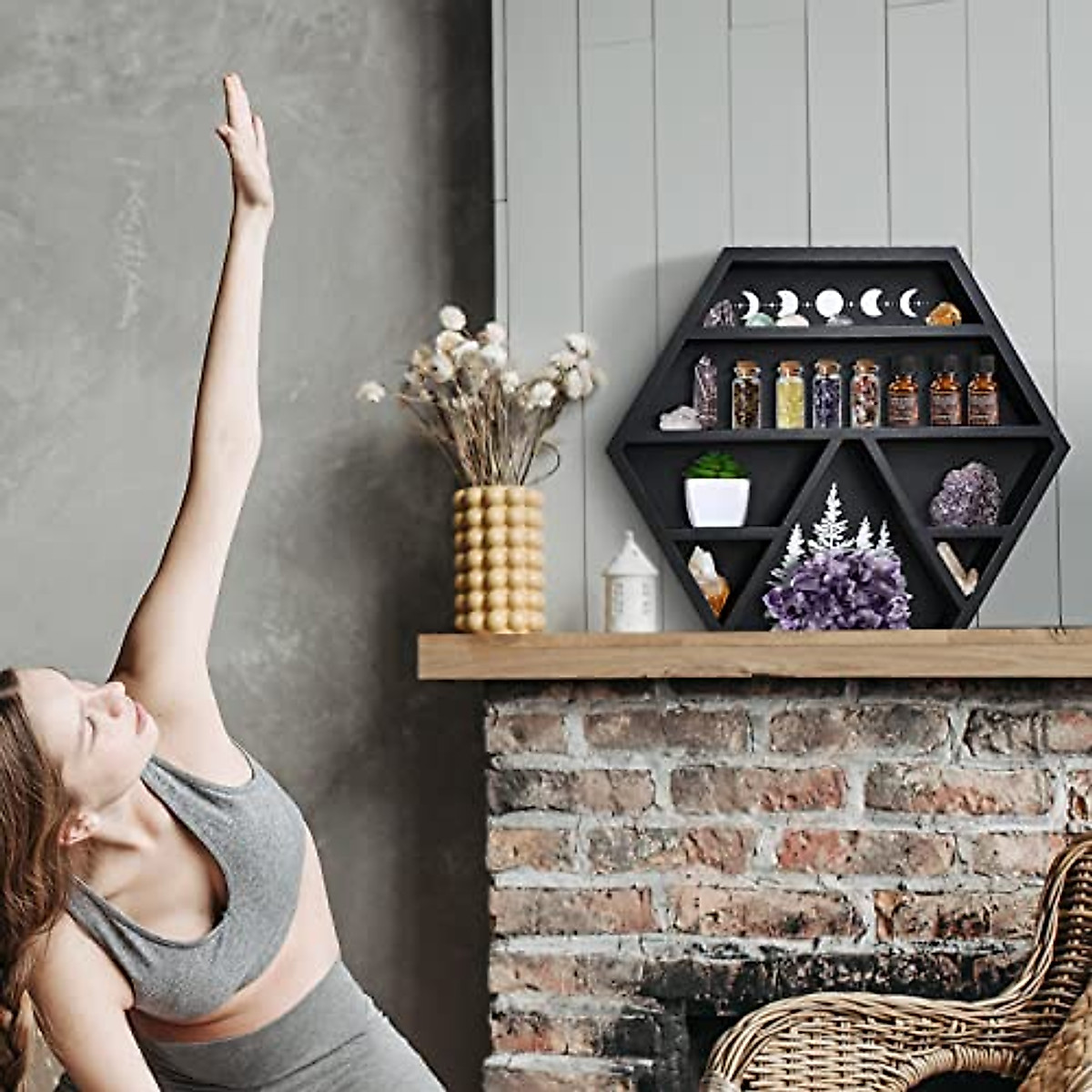 Unistyle Crystal Shelf Display Crescent Moon Shelf, Hexagon Crystal Holder for Stones, Essential Oils & Whichy Shelves Wood Crystal Wall Decor, Black Rustic Wooden Display for Boho Meditation Decor