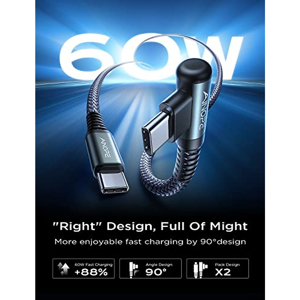 USB C to USB C Cable 60W 2-Pack 6.6ft AINOPE Type C to Type C Cable Fast Charging Cable Charger Right Angle Compatible With Samsung S23 S22 S21 Note 20 Ultra, iPad Pro 12.9 Air Mini Macbook Air, Pixel