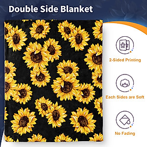 Sunflower Blankets Gifts for Women, Double-Sided Throw Blanket, Birthday Gifts for Girls, Lightweight Flannel Cozy Plush for Adult Kids, Sunflowers Girly Bedroom Decor (Black and Yellow)50x60 inch