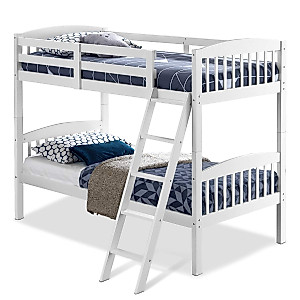 GOFLAME Twin Over Twin Bunk Beds, Convertible Into Two Individual Solid Rubber Wood Beds, Space Saving Design, Children Stylish Sleeping Bedroom Furniture with Ladder and Safety Rail (White)