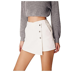 WDIRARA Women's High Waisted Button Front Denim Skort Asymmetrical Hem Skirt Shorts White XL