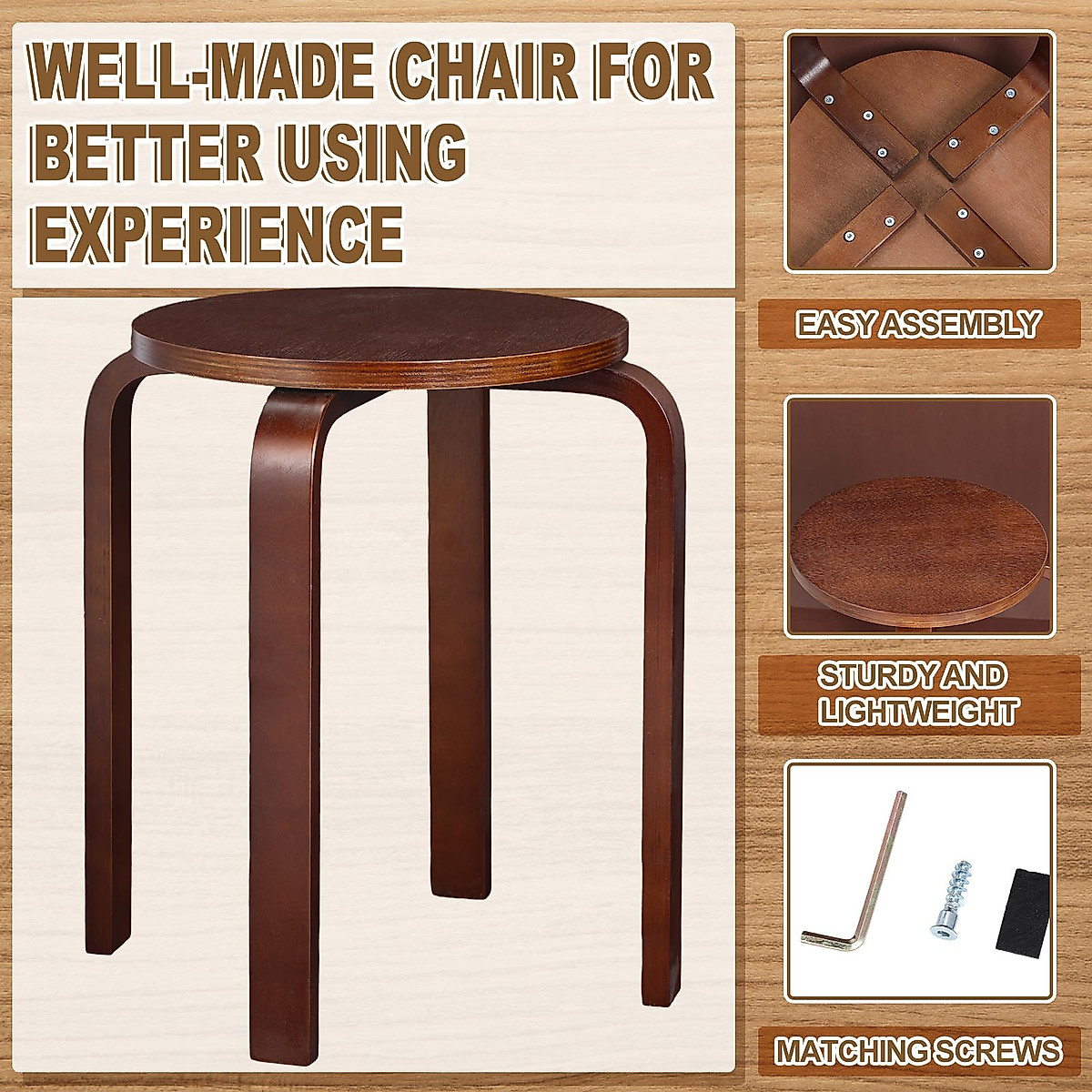 FairySandy 4 Pcs Bentwood Stool Bentwood Stackable Stools Wood Stools Stackable Stool Chairs Bentwood Seat for Dinning, Kitchen, Home, Garden, Living Classroom