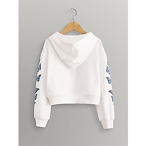Romwe Girl's Butterfly Print Drop Shoulder Long Sleeve Pullover Hoodie Sweatshirt Crop Top Tee Shirt White 140