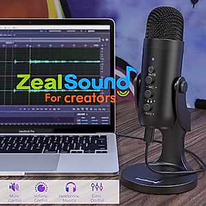 ZealSound USB Microphone,Condenser Computer PC Mic,Plug&Play Gaming Microphones for PS 4&5.Headphone Output&Volume Control,Mic Gain Control,Mute Button Vocal,YouTube Podcast on Mac&Windows(Black)
